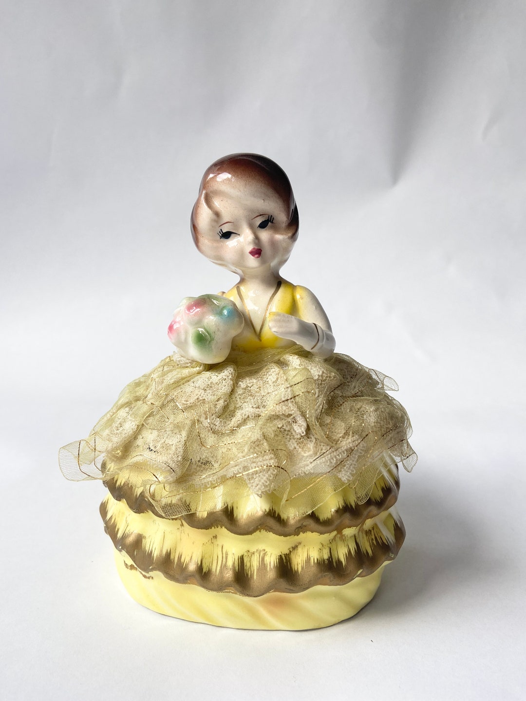 Vintage Ucagco Japan Yellow Dress Girl Jewelry Trinket Box Vintage Dish ...