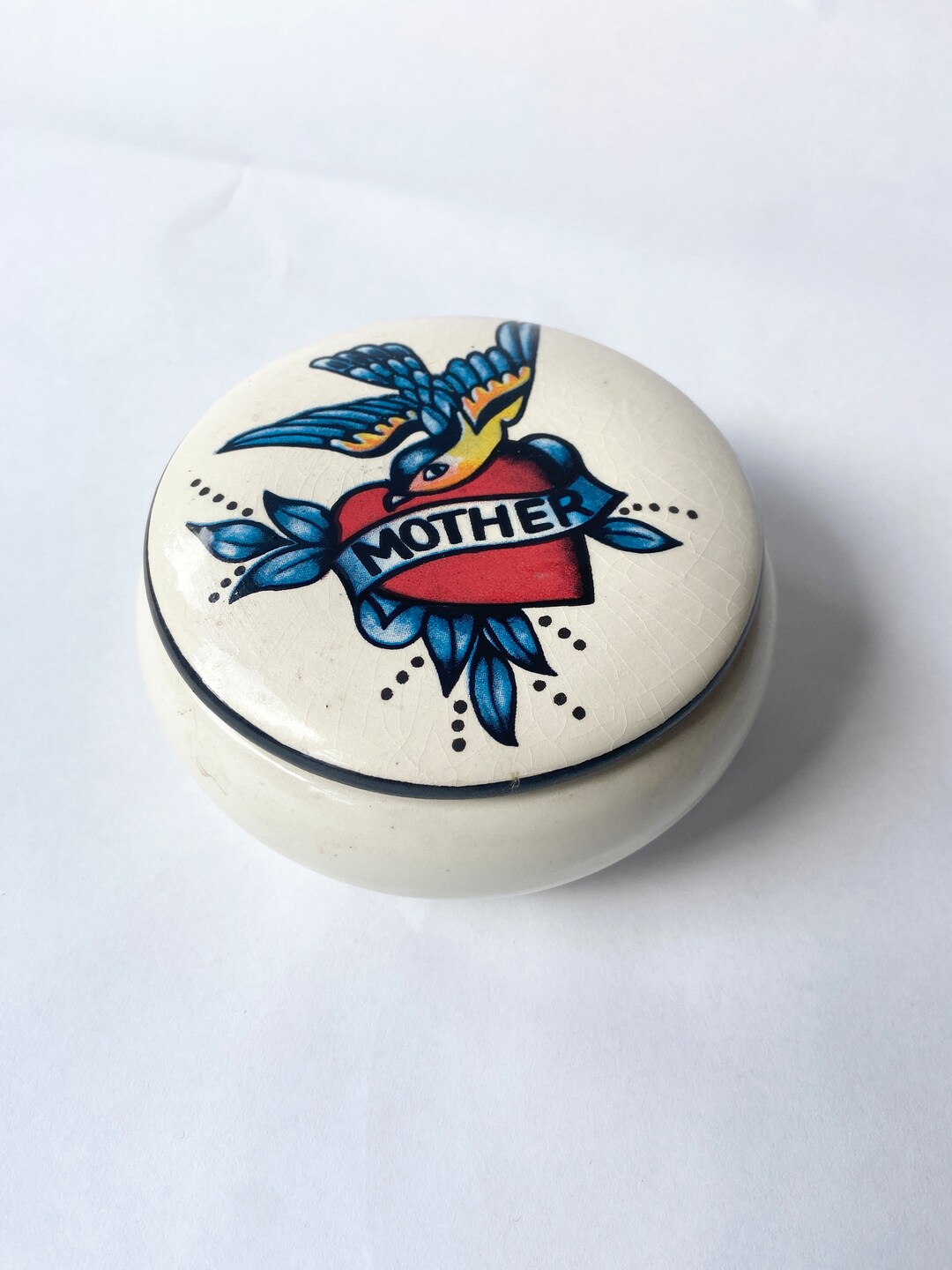 Vintage mother Tattoo-style Jewelry Trinket Box Swallow Tattoo Dish ...