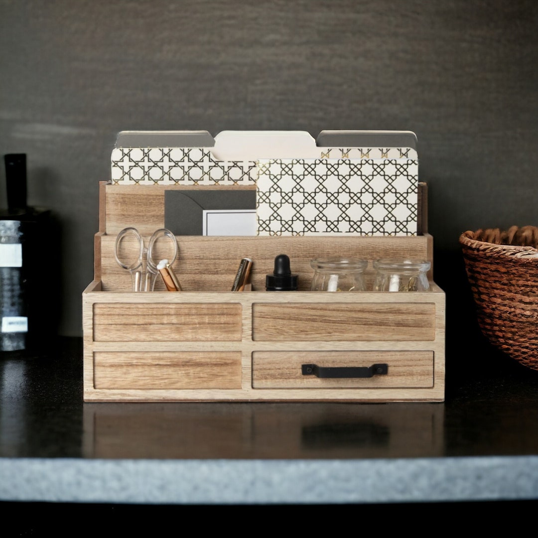 Natural Wood Mail Organizer With Drawer and Pen Holder Desk Organizer ...