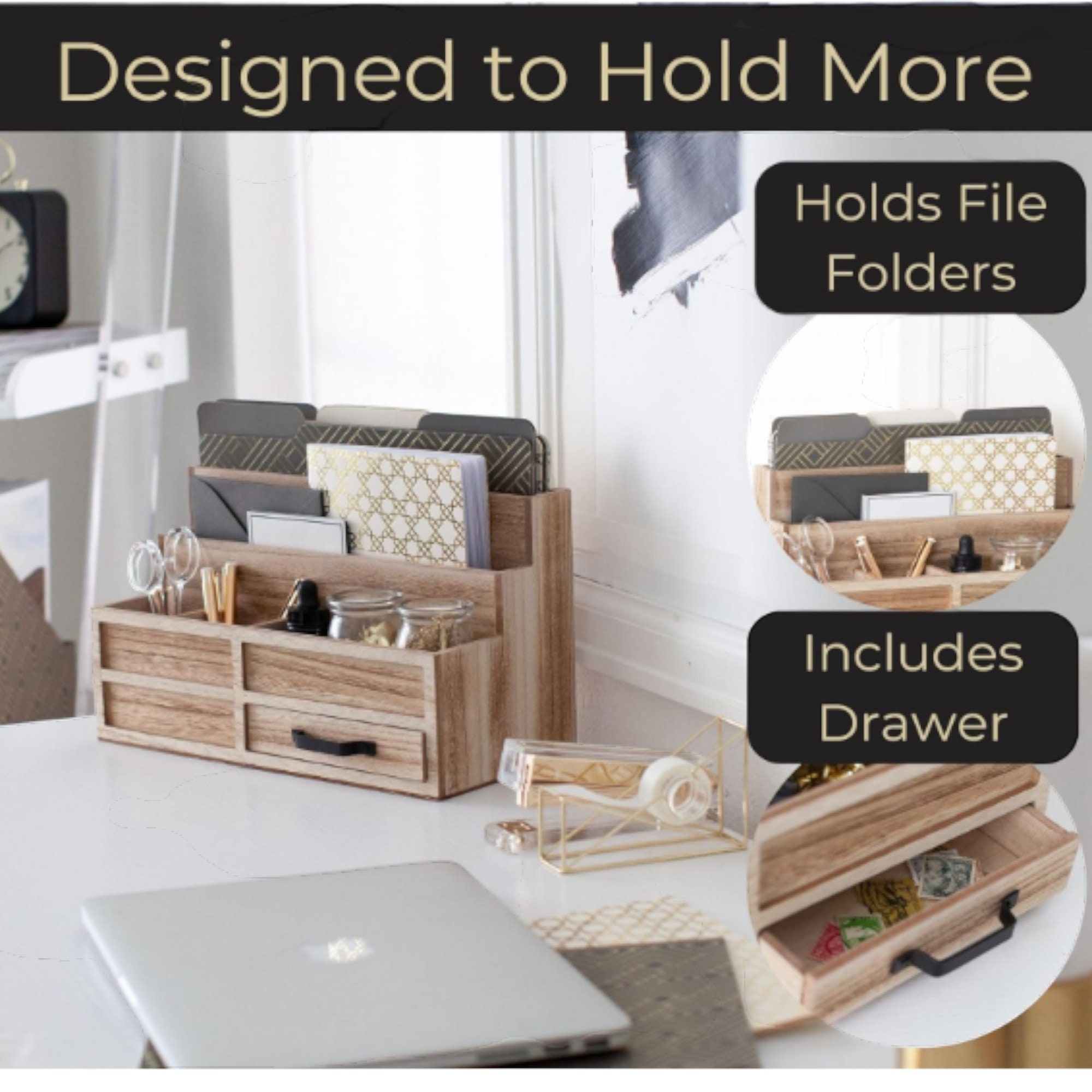 Natural Wood Mail Organizer With Drawer and Pen Holder Desk Organizer ...