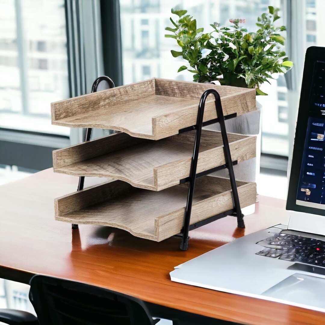 Wood Desk Organizer, Wood Letter Tray Organizer, 3-tier Wood Paper Tray ...