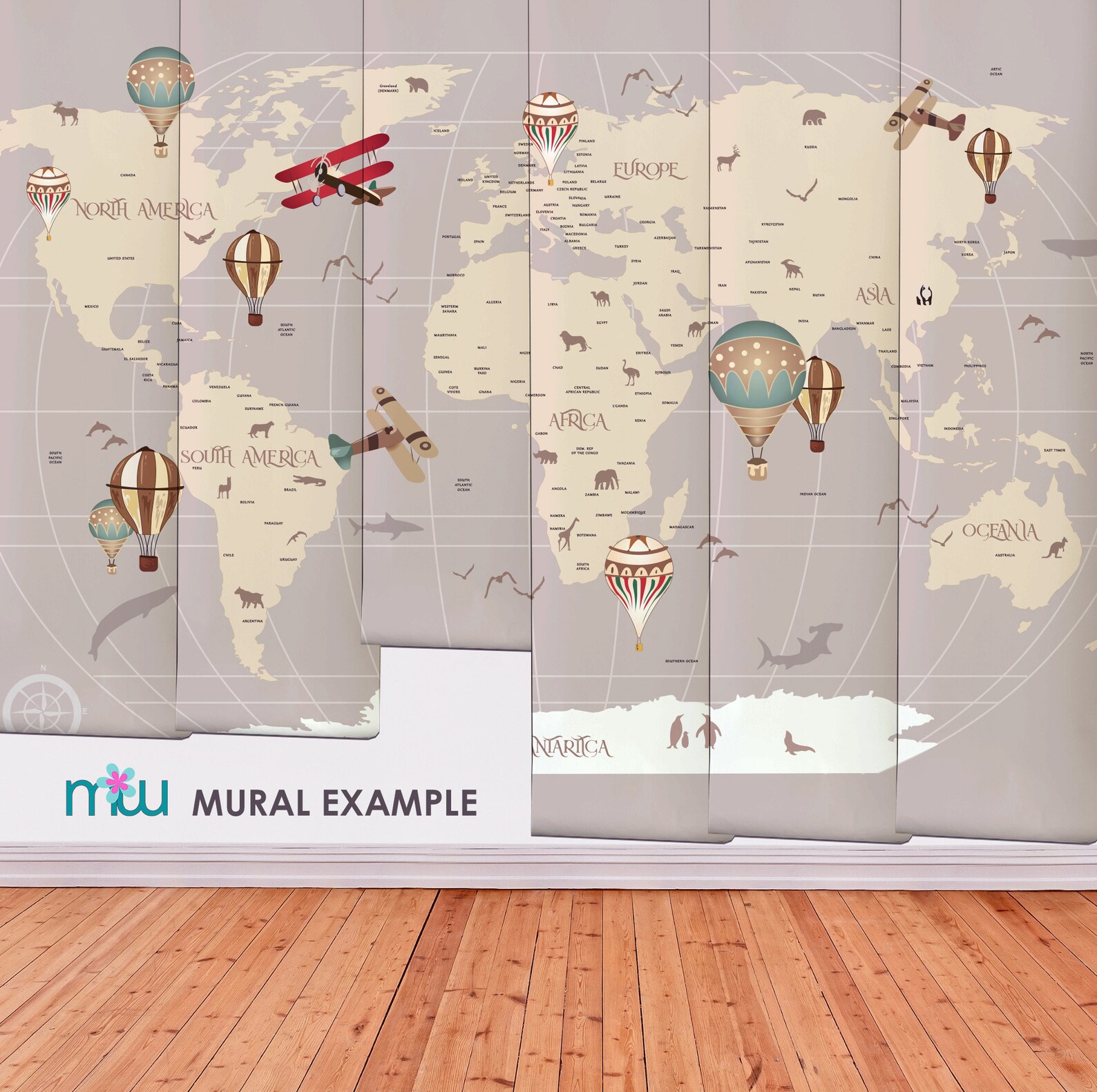 Kids World Map Beige Wallpaper Mural Peel and Stick Wallpaper,removable ...