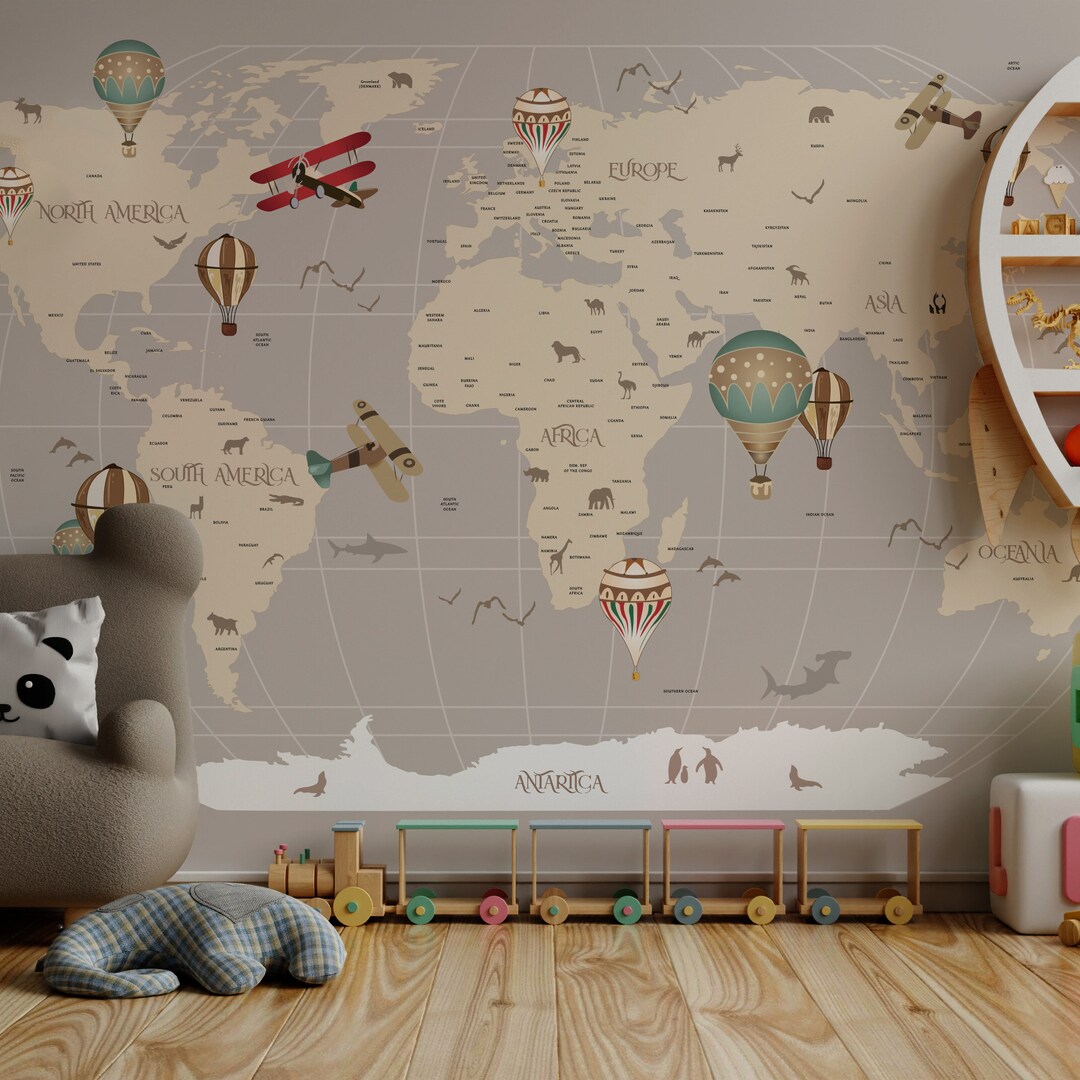 Kids World Map Beige Wallpaper Mural Peel and Stick Wallpaper,removable ...