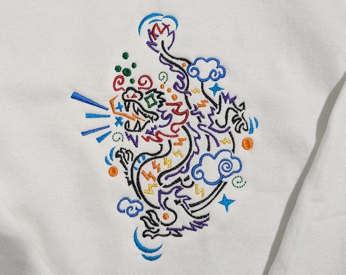 Chinese Dragon Embroidered Sweatshirt, White Cotton Polyester Blend, Front Chest Embroidery ...