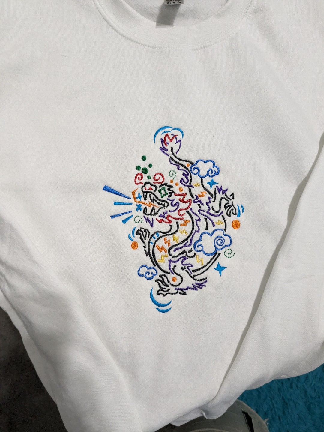 Chinese Dragon Embroidered Sweatshirt, White Cotton Polyester Blend, Front Chest Embroidery ...