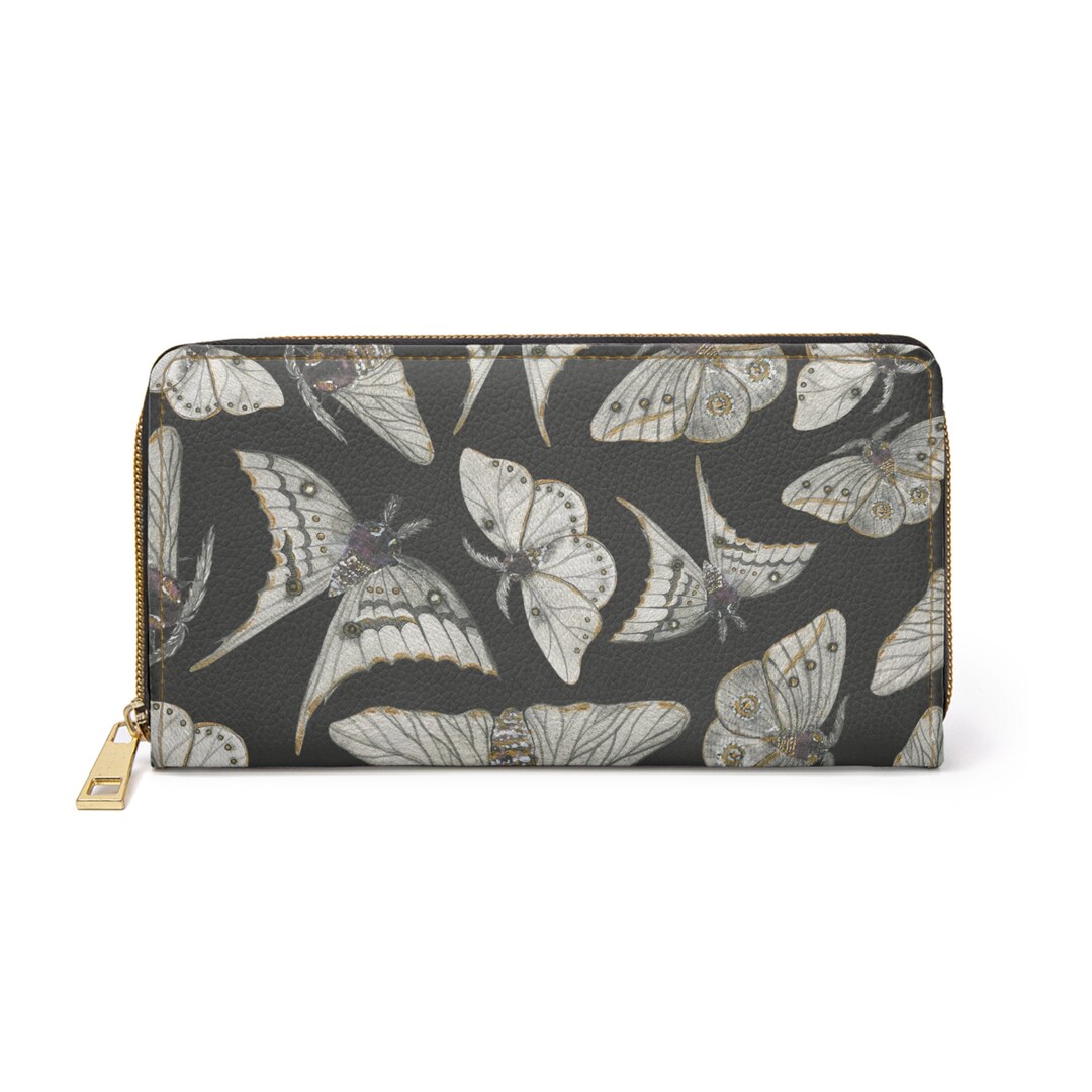 Black Moth Zipper Wallet, Butterflly Women's Wallet, Watercolor Moth ...
