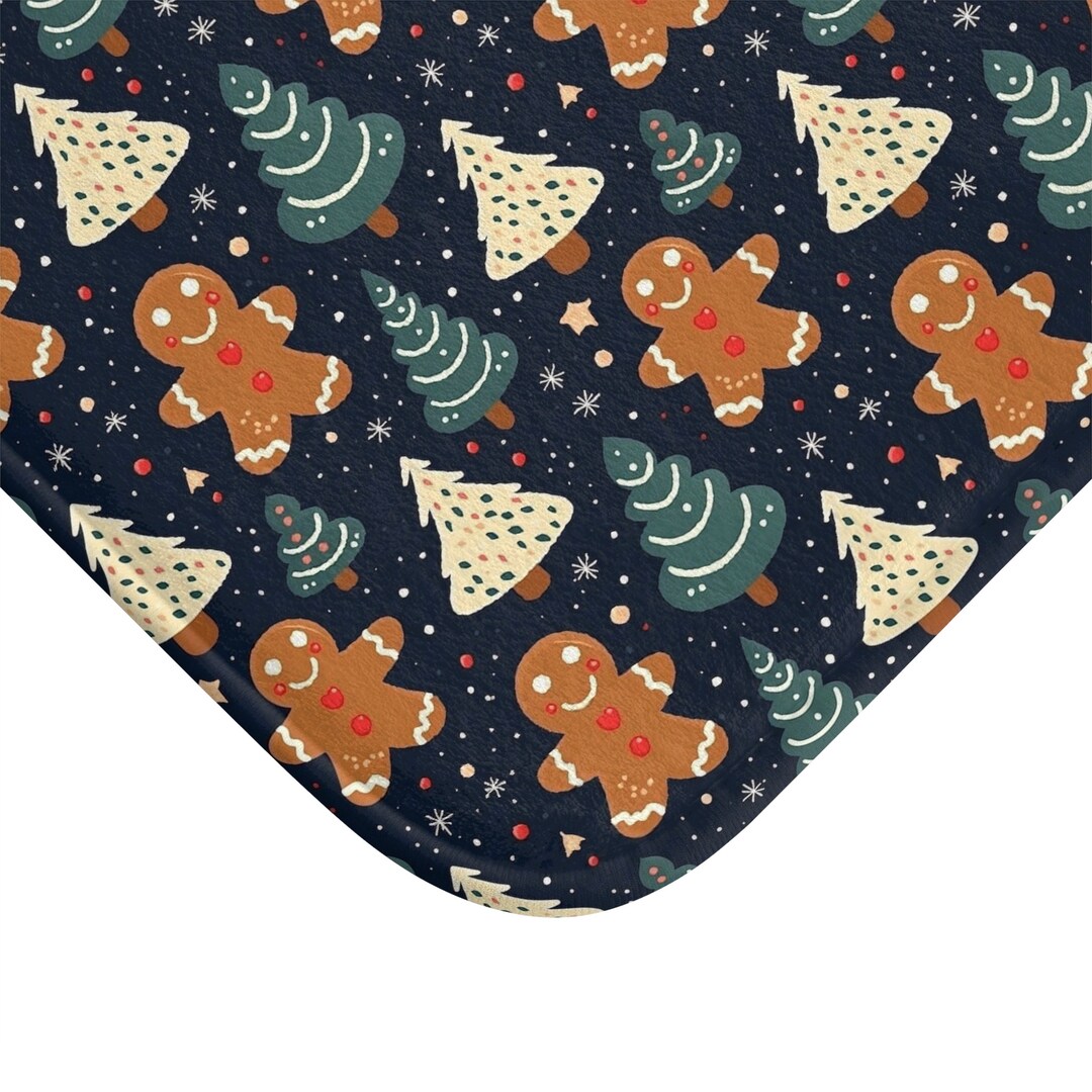 Boho Christmas Tree and Gingerbread Bath Mat in Navy Blue - Holiday ...