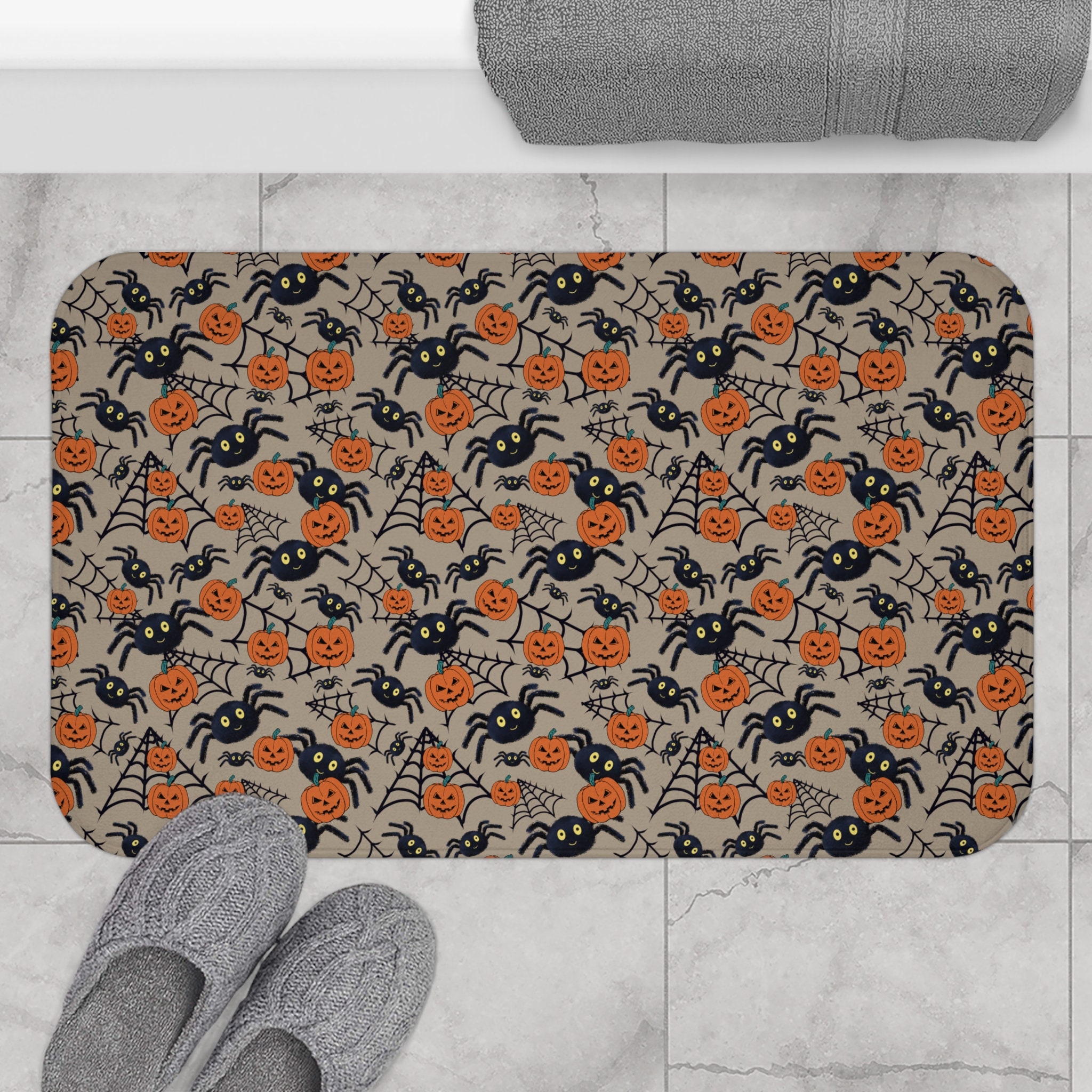 Spooky Spiders Bath Mat Spider Web and Pumpkin Bathroom - Etsy