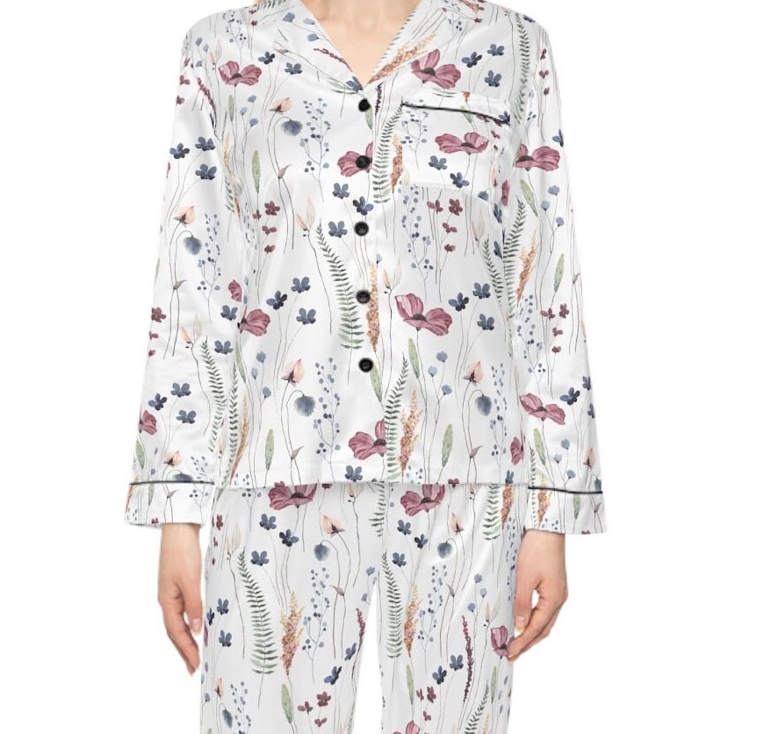 Watercolor Wildflowers Satin Pajama Set, Women's Pajamas, Soft Satin ...