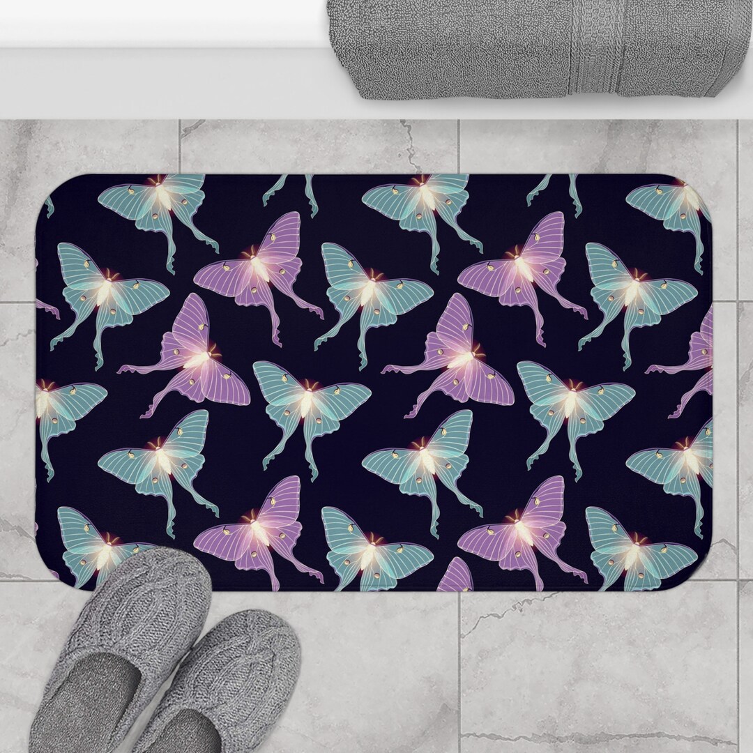 Glow Moth Bath Mat, Purple and Sage Green Color, Boho Bath Decor ...