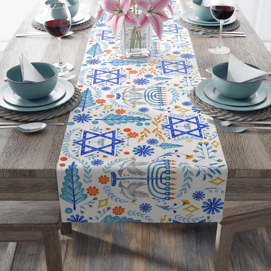 Hanukkah Table Runner, Judaica Kitchen Linens, Blue and White ...