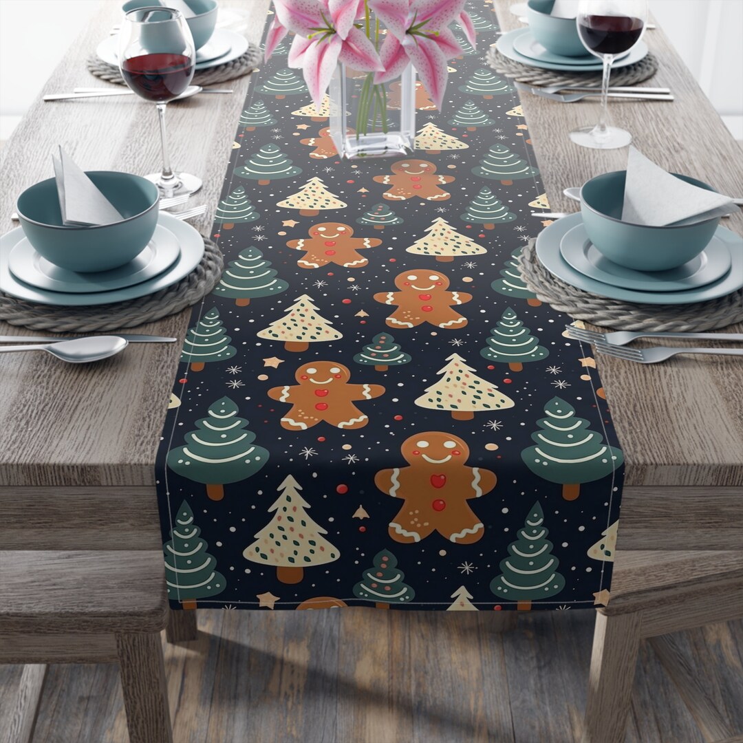 Navy Blue Color Gingerbread and Christmas Tree Table Runner Holiday ...