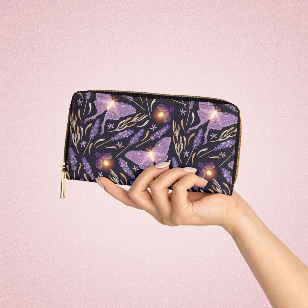 Lavender and Glow Moth Zipper Wallet, Purple Butterflies and Fireflies ...