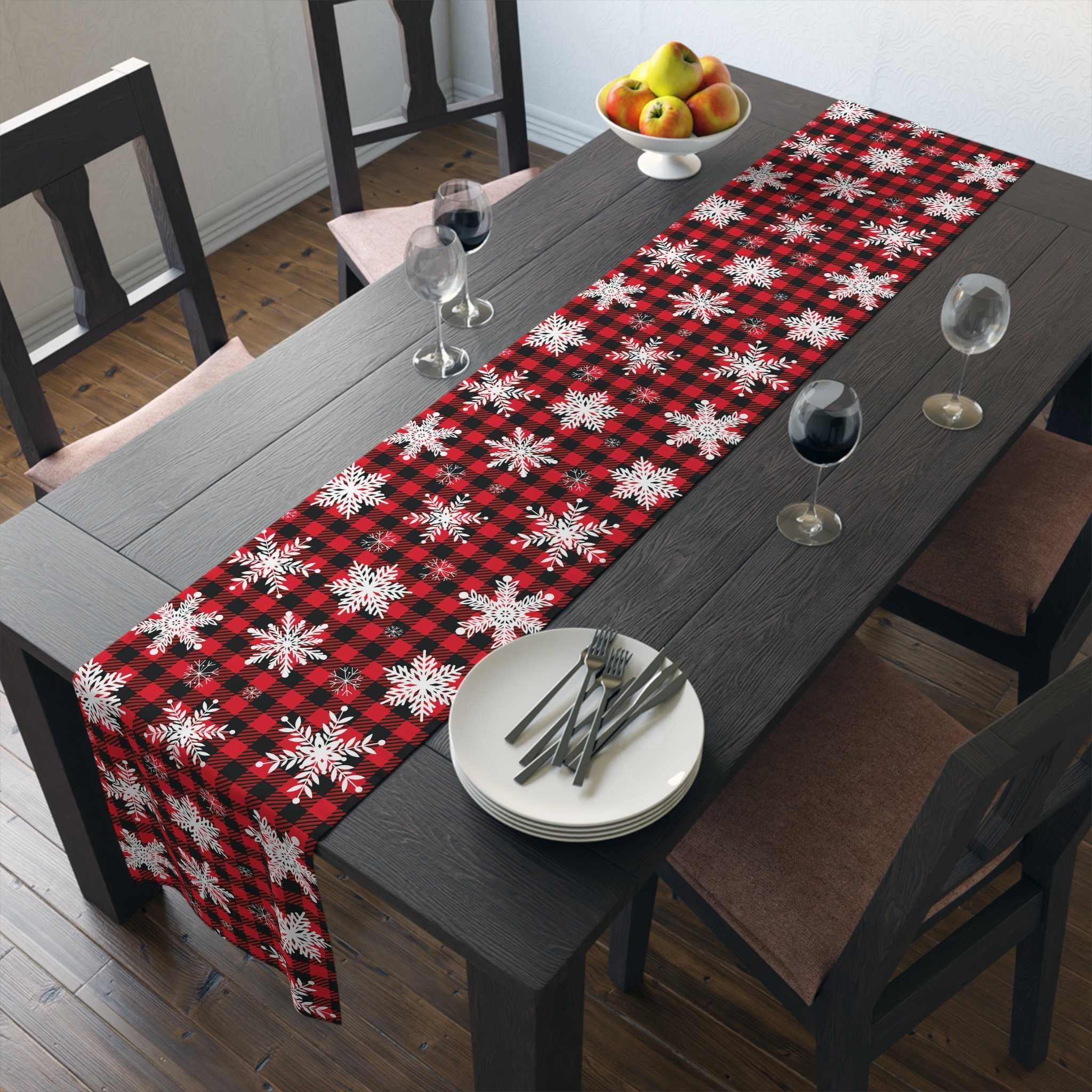 Red Buffalo Plaid With Snow Flakes Table Runner Christmas - Etsy