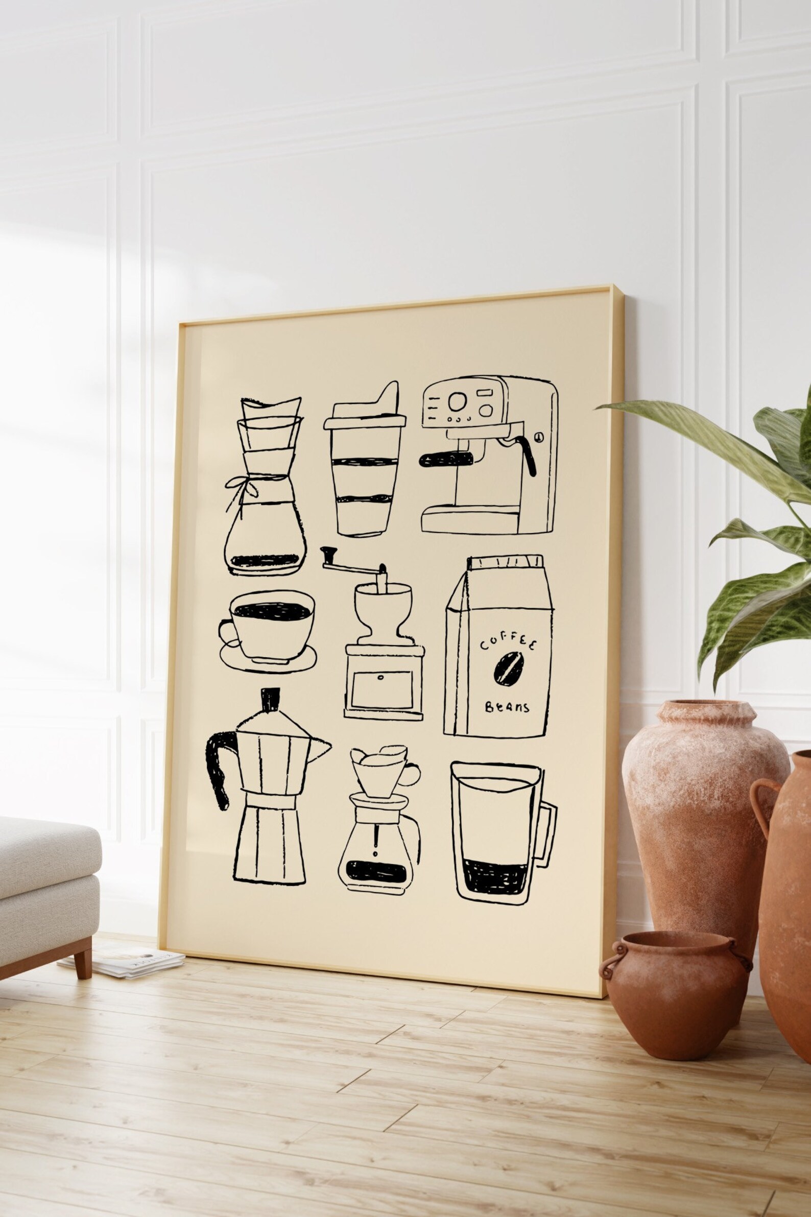 Hand Drawn Coffee Bar Printable Wall Art Minimal Drawing Kitchen Decor ...