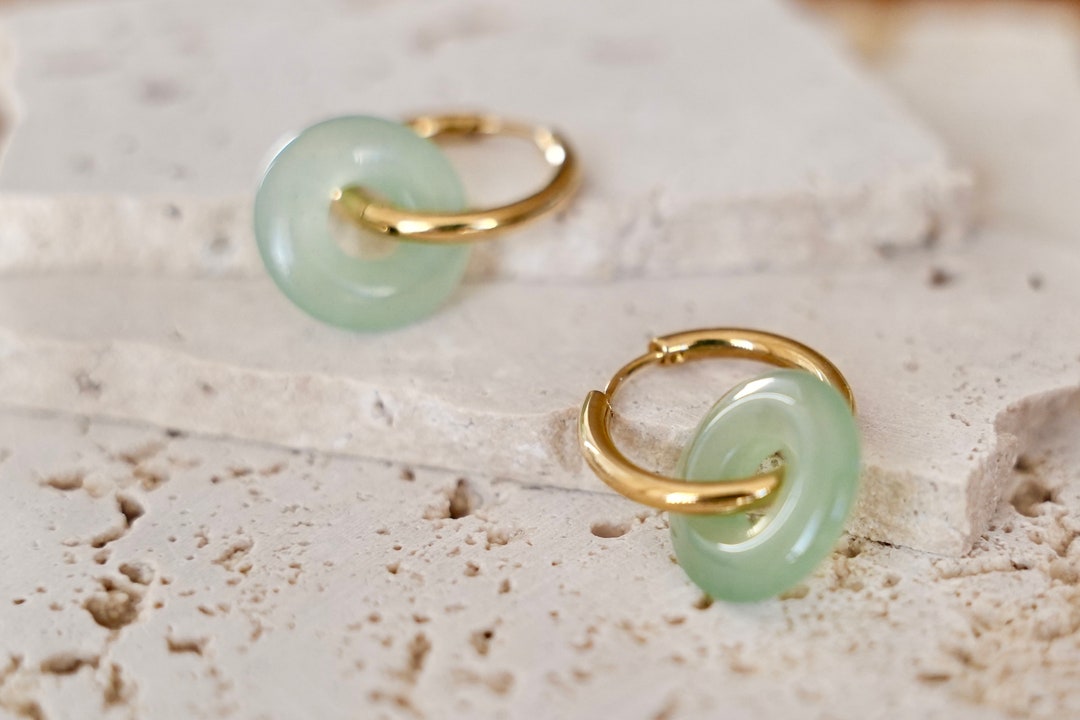 Natural Jade Hoop Earrings Natural Gemstone Huggie Loop Earrings Chunky Huggies Loop Jade ...