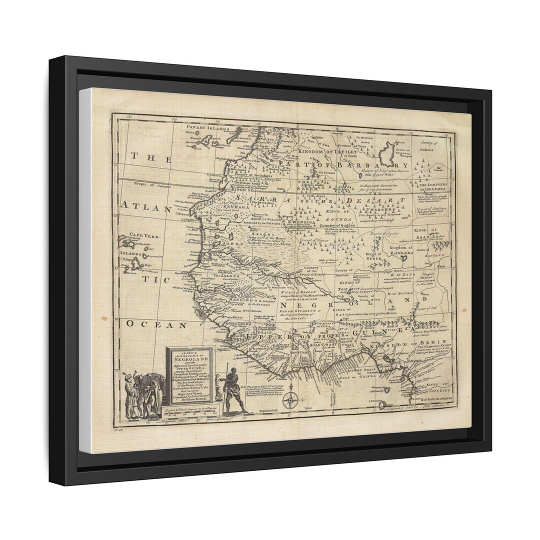 CANVAS FRAMED PRINT Old Map of Africa, Negroland, 1747 Emanuel Bowen ...