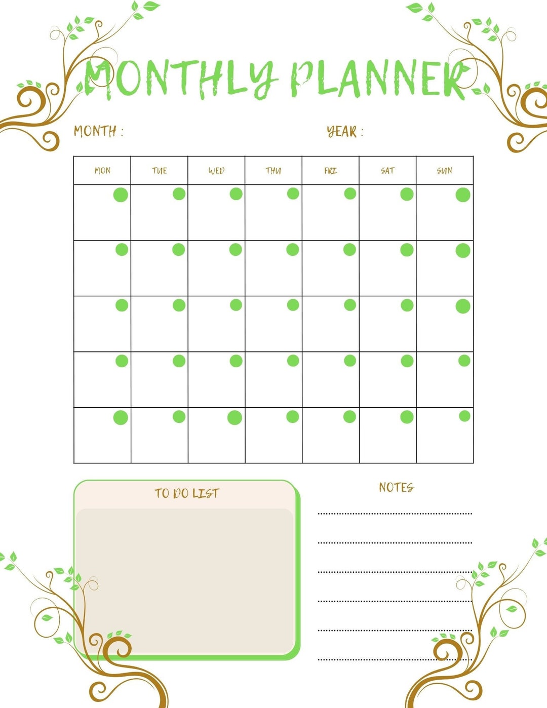 Monthly Digital Planner With Note Area- Digital Download - Etsy