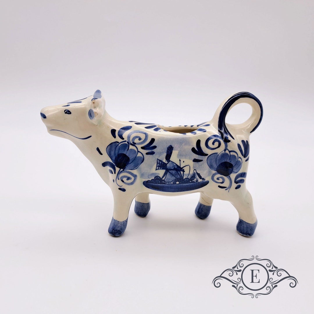Vintage Blue Delft Cow Milk Jug Creamer, White and Blue, Windmill ...