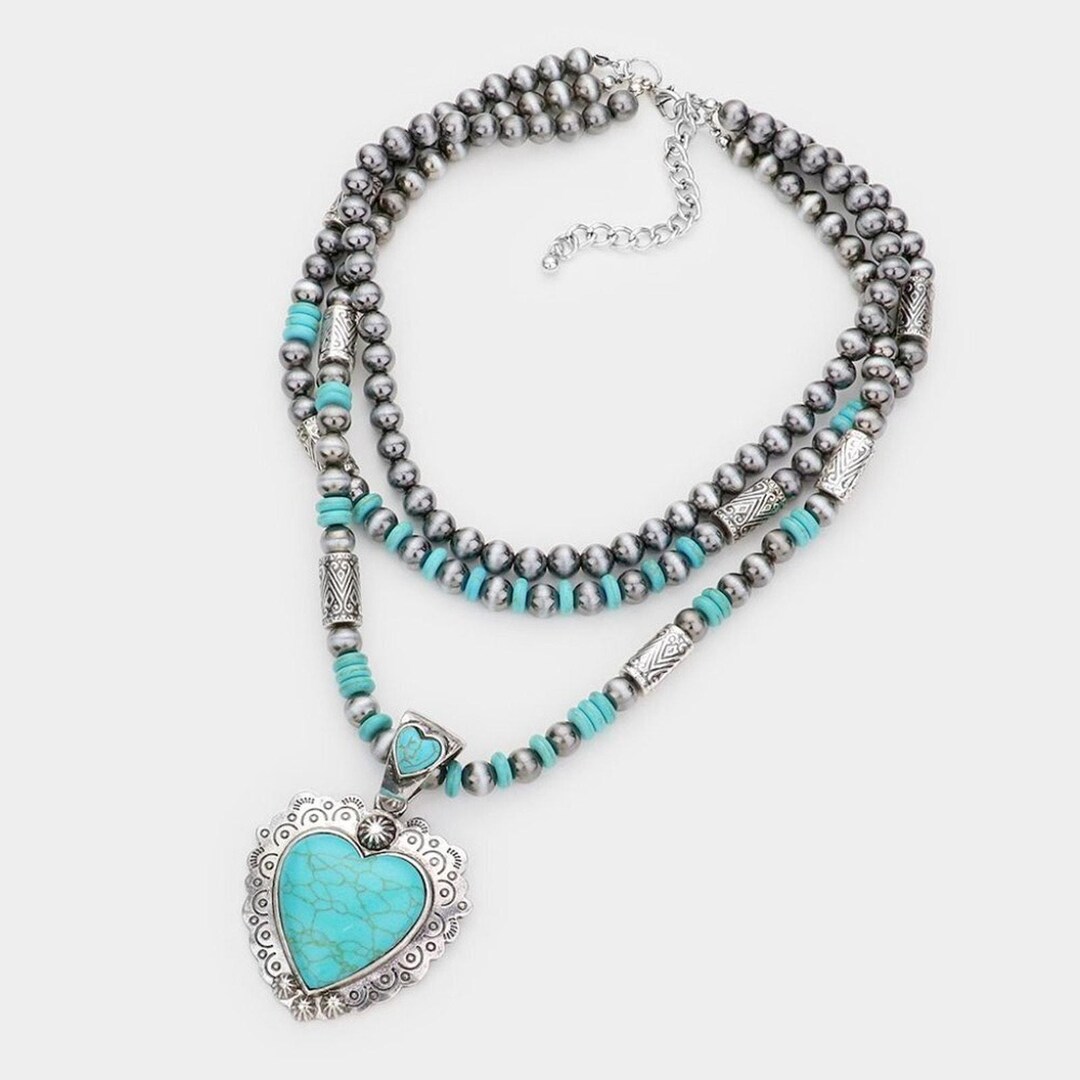 Bohemian Turquoise Stone Heart Pendant Necklace Layered Navajo Pearl ...
