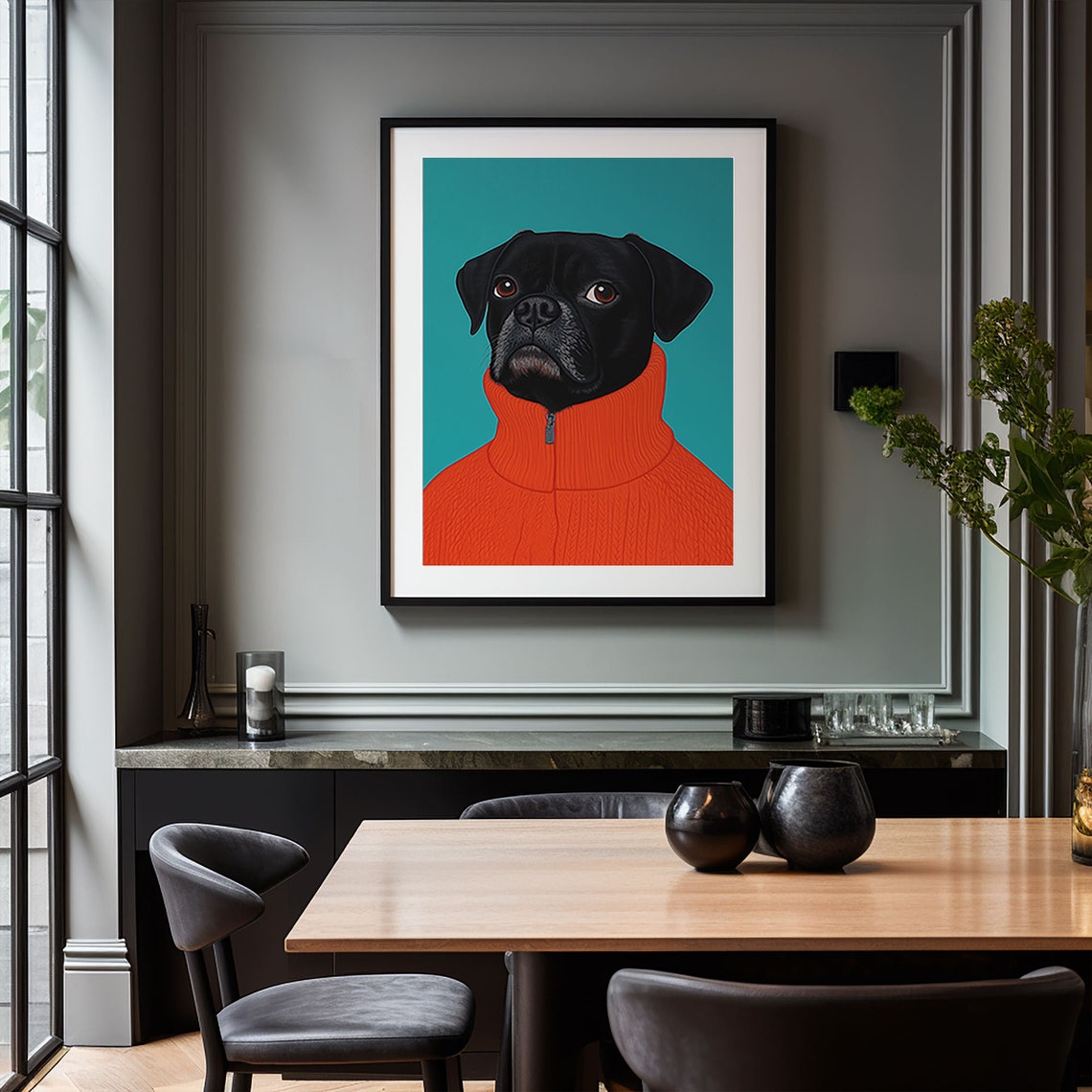 Black Pug Art Illustrated Print Decor for Pet Pug Lovers Cute Home Dog ...
