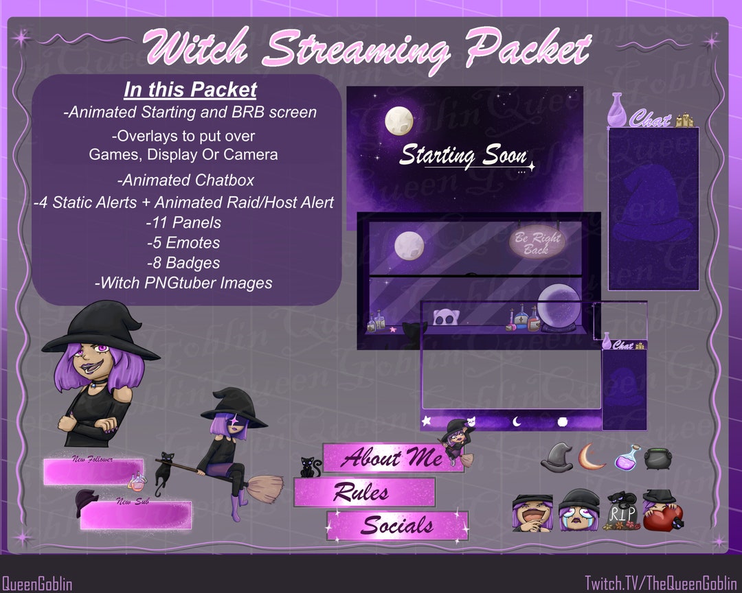 Purple Witch Streaming Packet | Animated Overlays, Emotes, Alerts ...