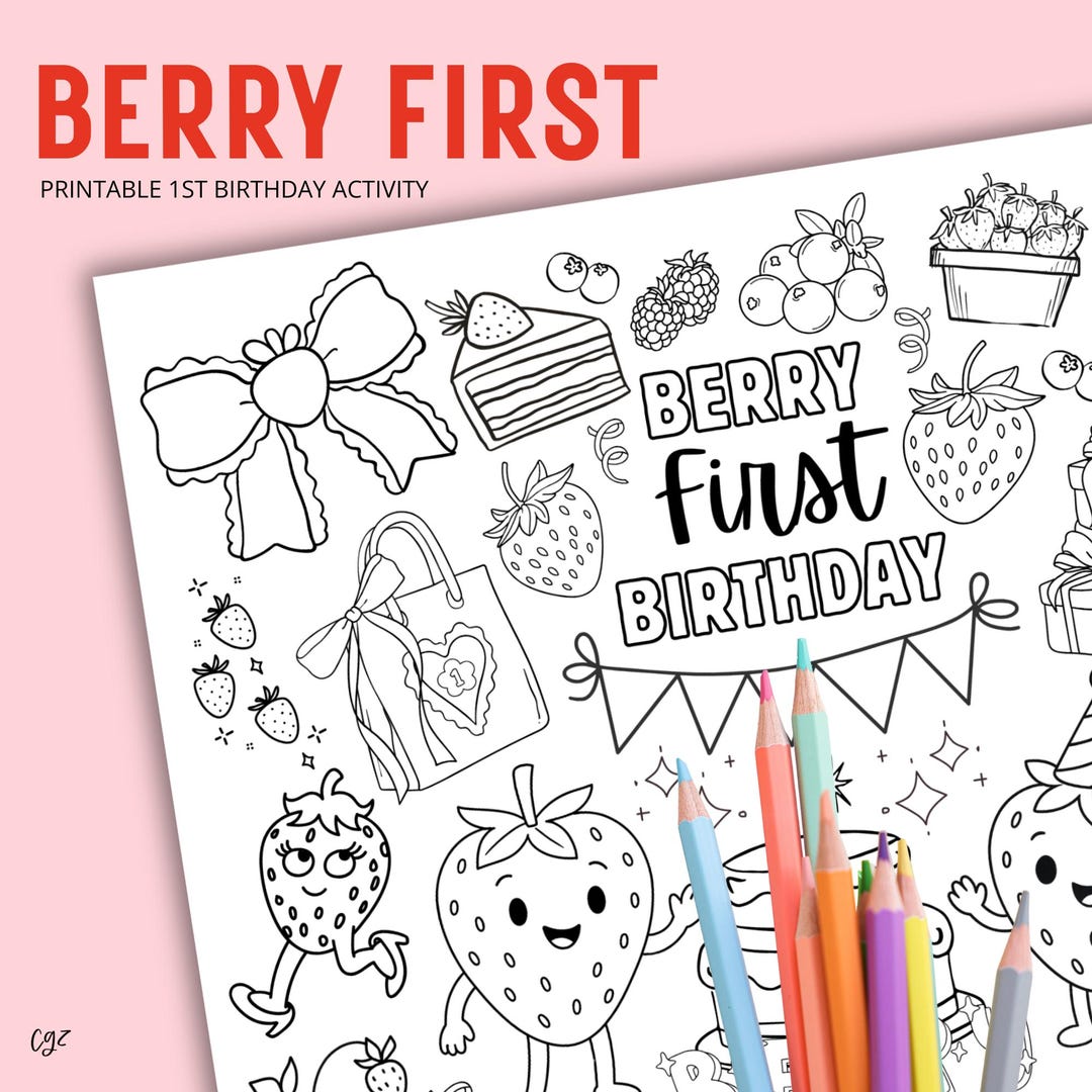 Berry First Birthday Coloring Page: Strawberry Party Activity (PDF ...