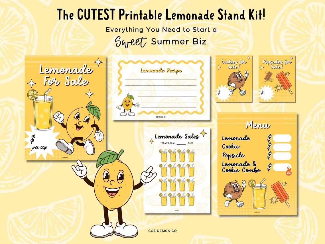 Printable Lemonade Stand Kit: Kids Summer Business, Recipe & Menu Signs ...