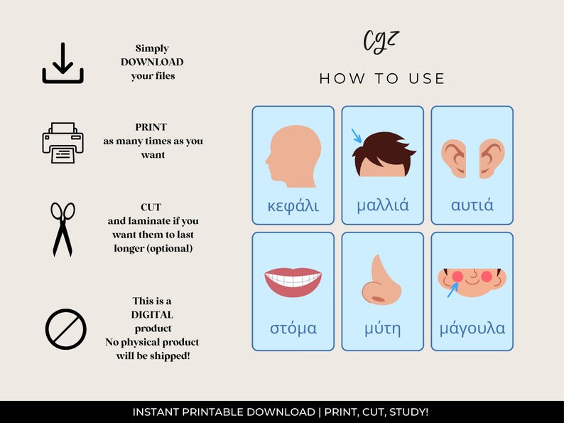 Greek Body Parts Flashcards for Kids | Educational Learning Tools With ...