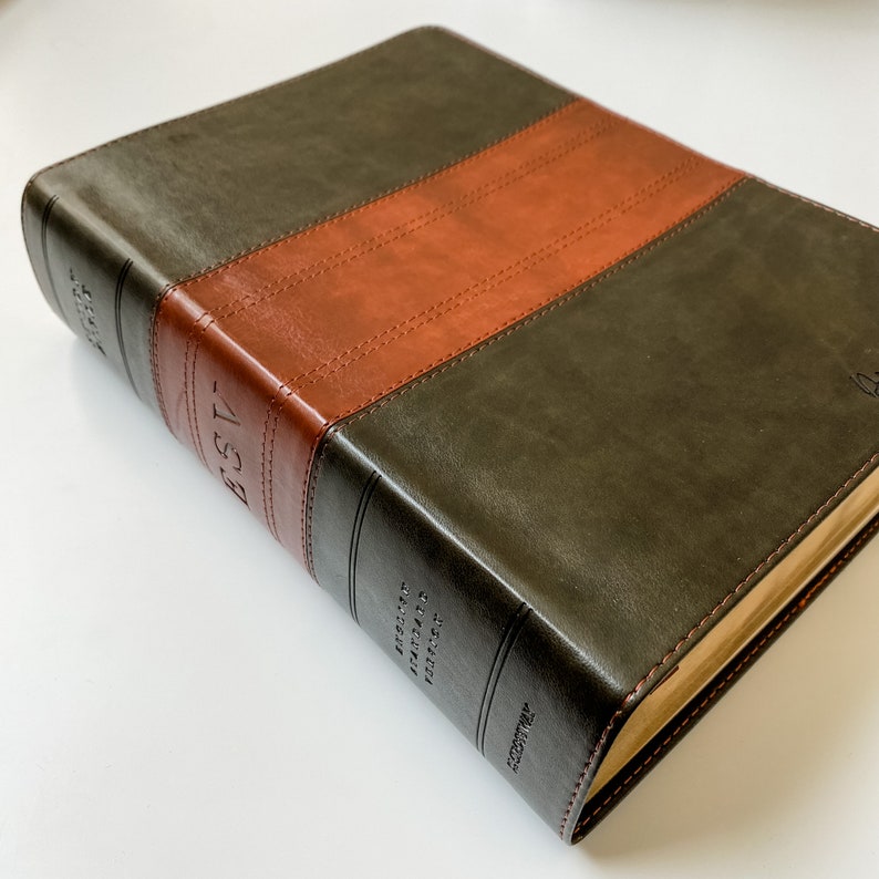 ESV Large Print Study Bible - PERSONALIZED - Forest With Tan Strip ...