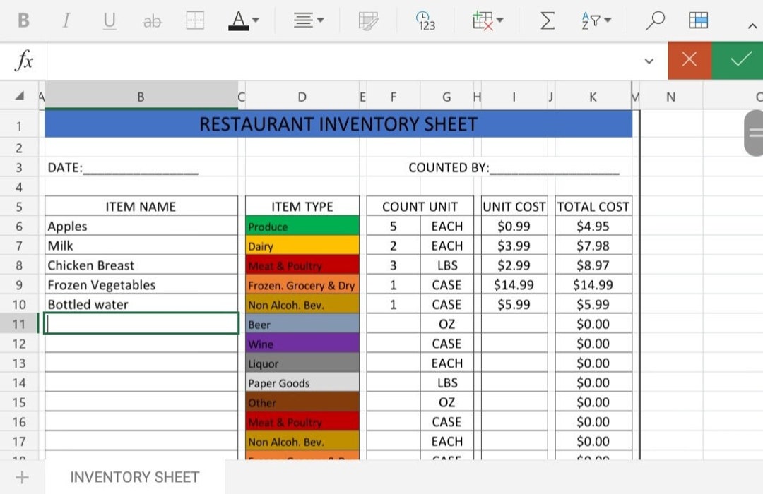 EXCEL Restaurant Inventory Form - Etsy