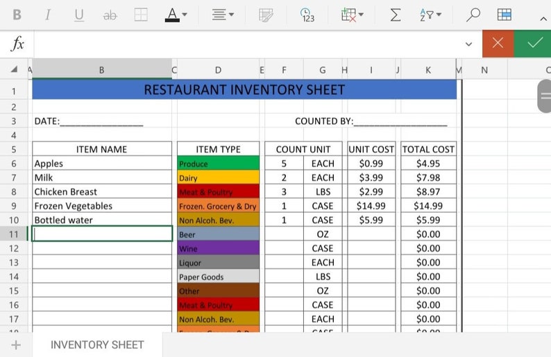EXCEL Restaurant Inventory Form - Etsy