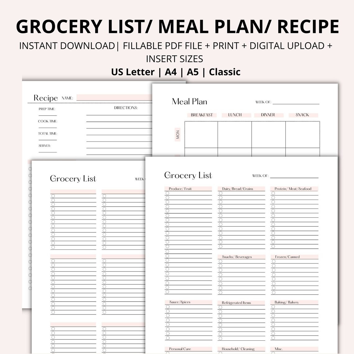 Fillable Grocery List, Grocery List, Meal Plan, Fillable Meal Plan ...