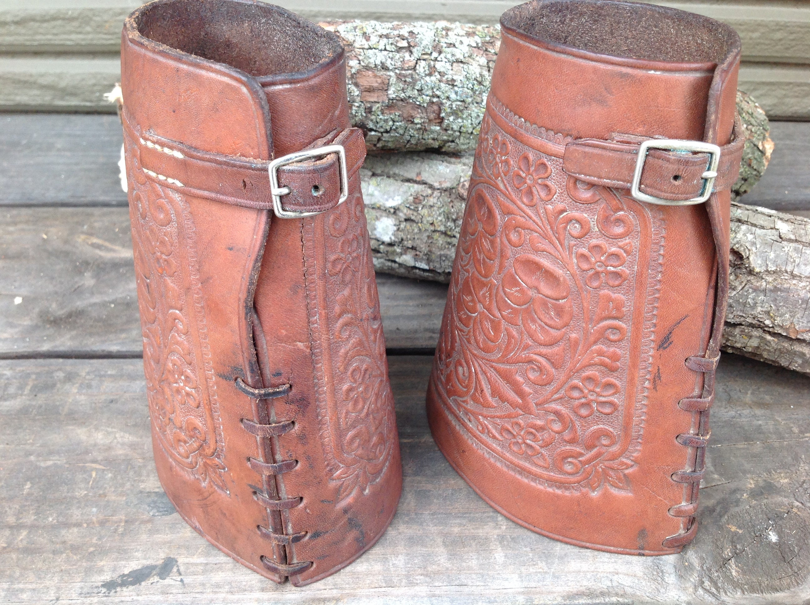 Vintage Antique Leather Embossed Western Wrist Cuffs - Etsy