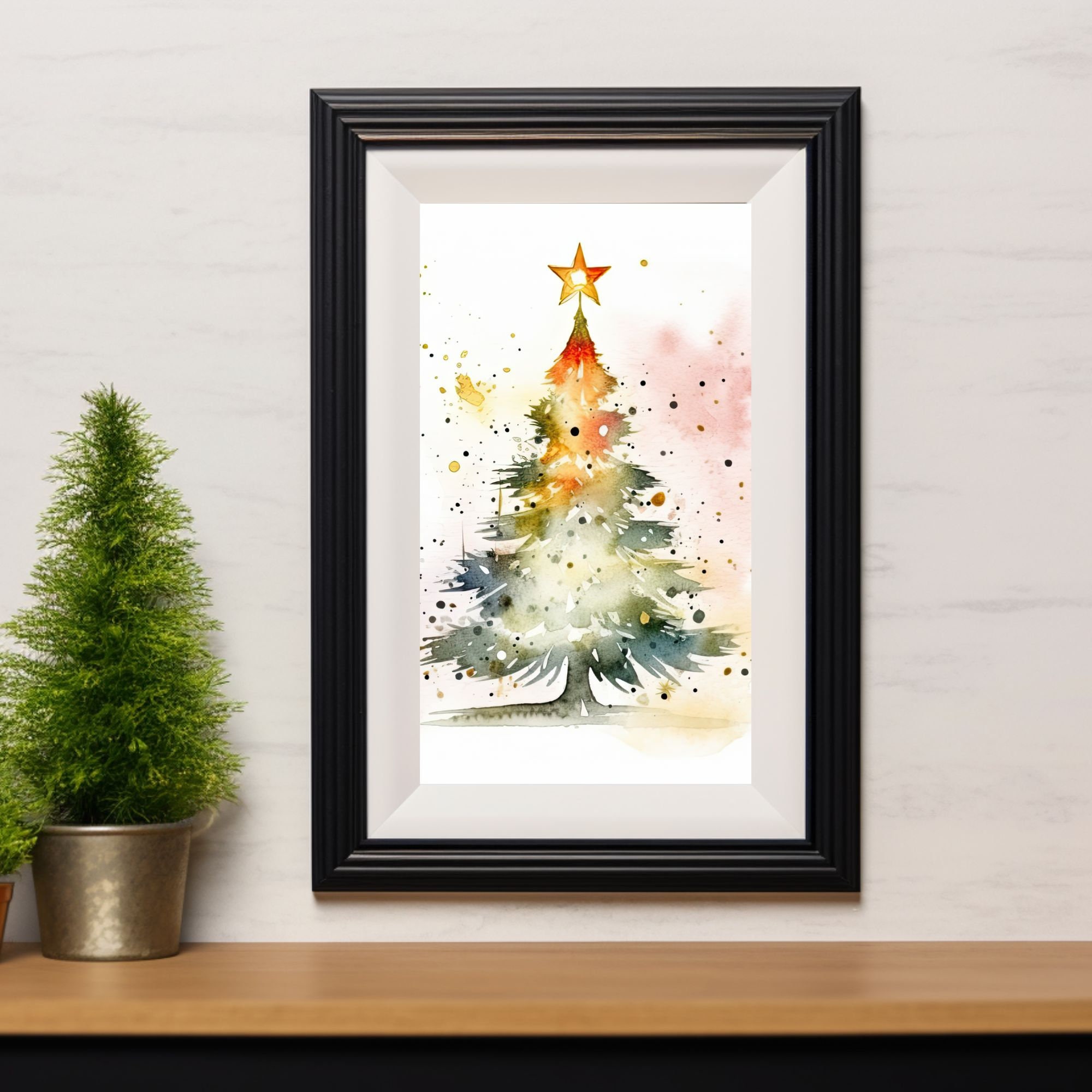 Printable Christmas Tree, Watercolor Splash, Gold Star, Holiday ...