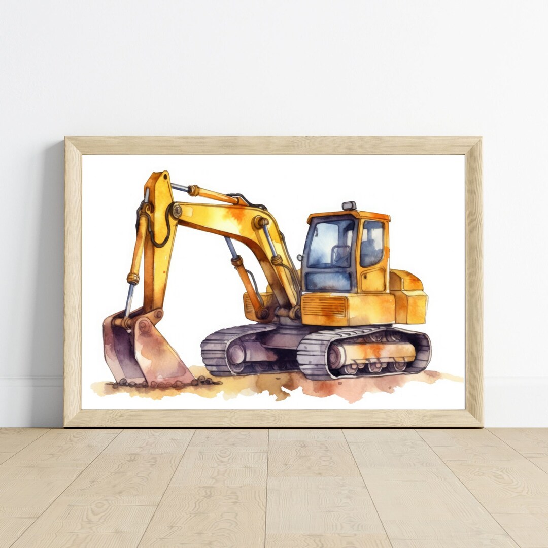 Watercolor Yellow Digger, Construction Vehicle, Excavator, Boys Room ...