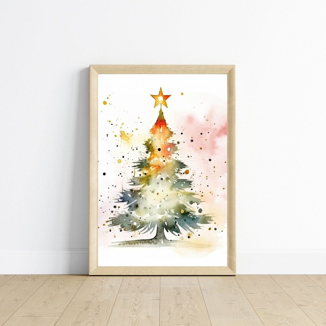 Printable Christmas Tree, Watercolor Splash, Gold Star, Holiday ...
