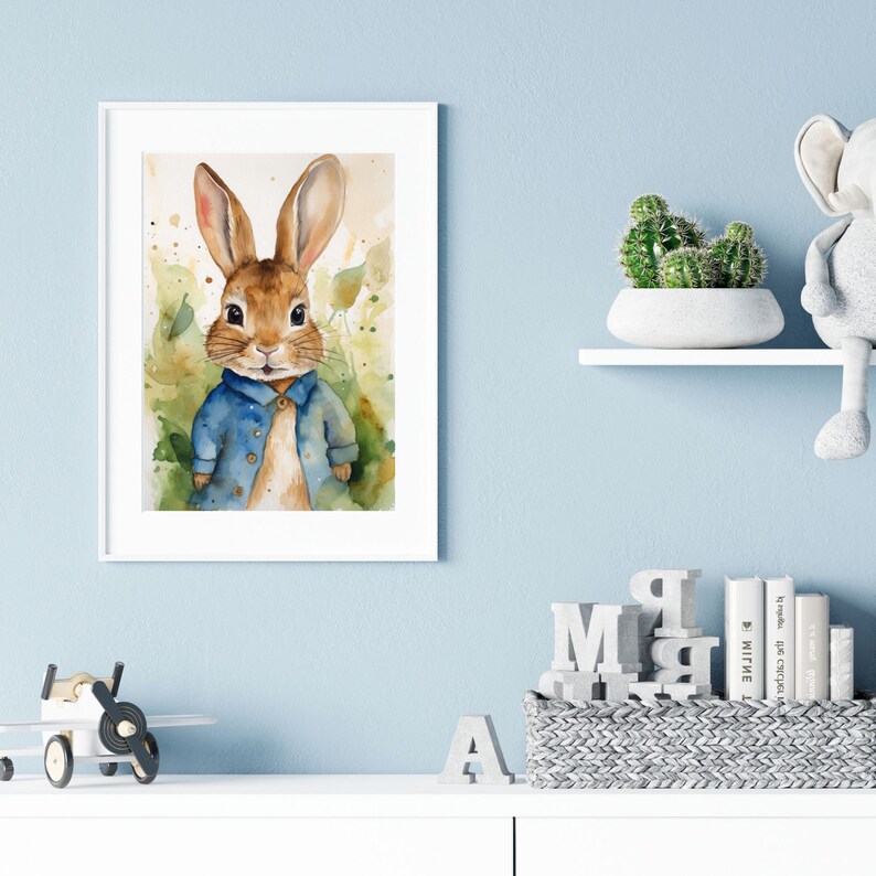 Peter Rabbit Printable, Kids Room Decor, Forest Animal, Bunny in Blue ...