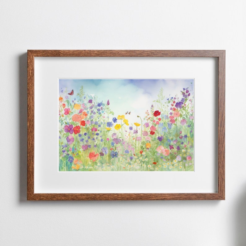 Watercolor Painting of a Colorful Flower Garden, Wildflower Field ...