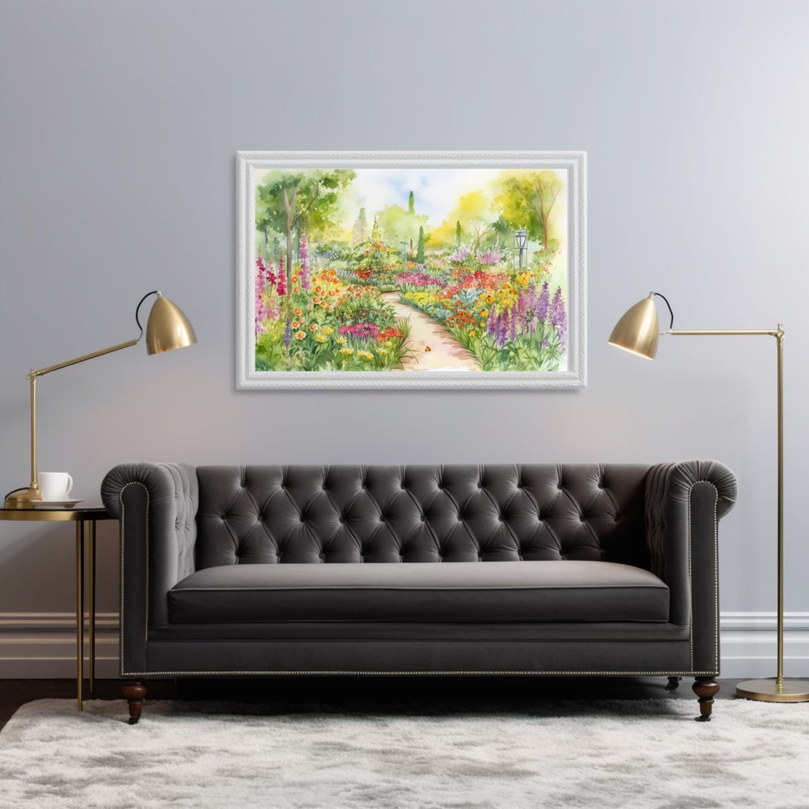 Colorful Flower Garden Printable | Bright Watercolor Landscape Wall Art ...