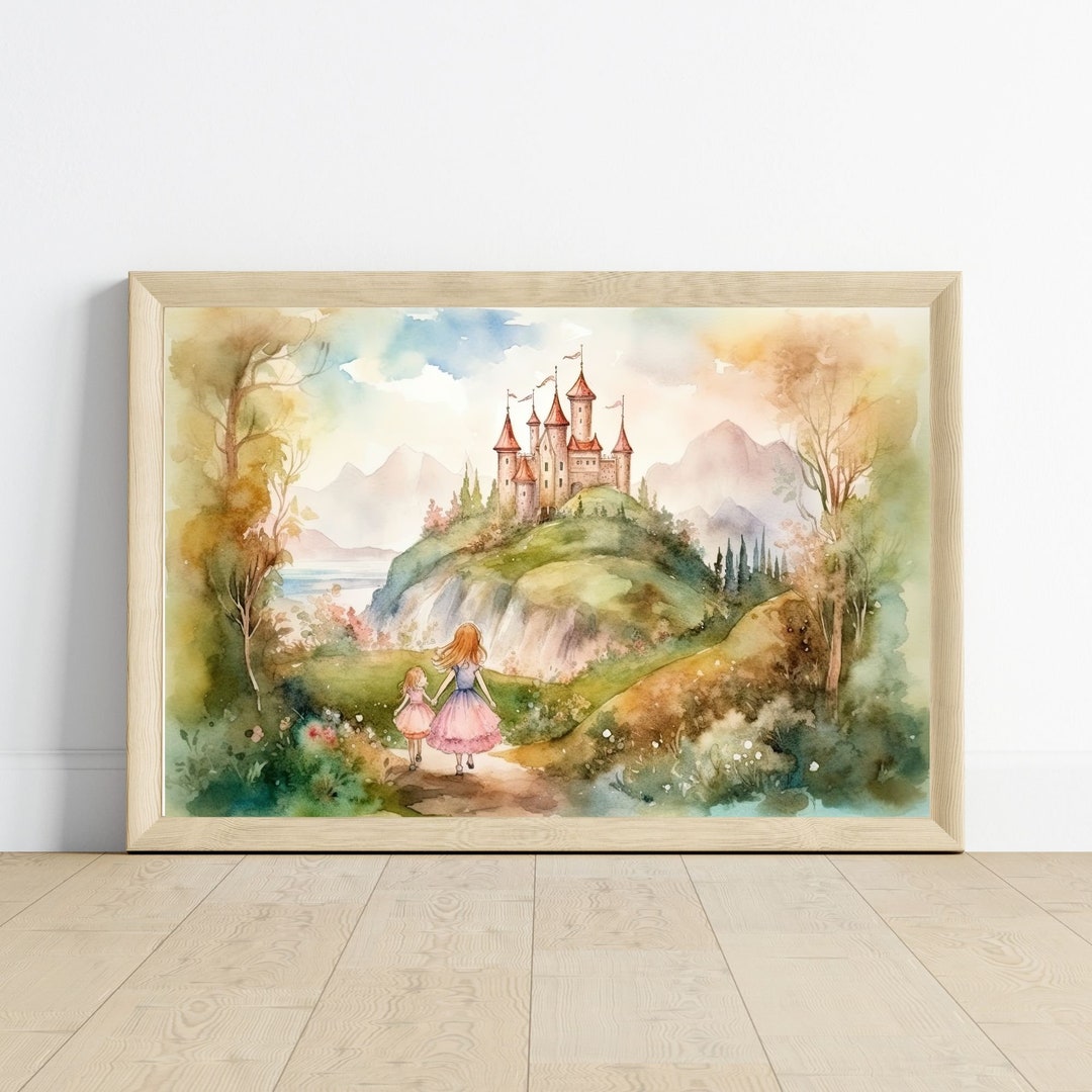 Watercolor Castle With Two Girls, Sisters, Kingdom, Printable Wall Art ...