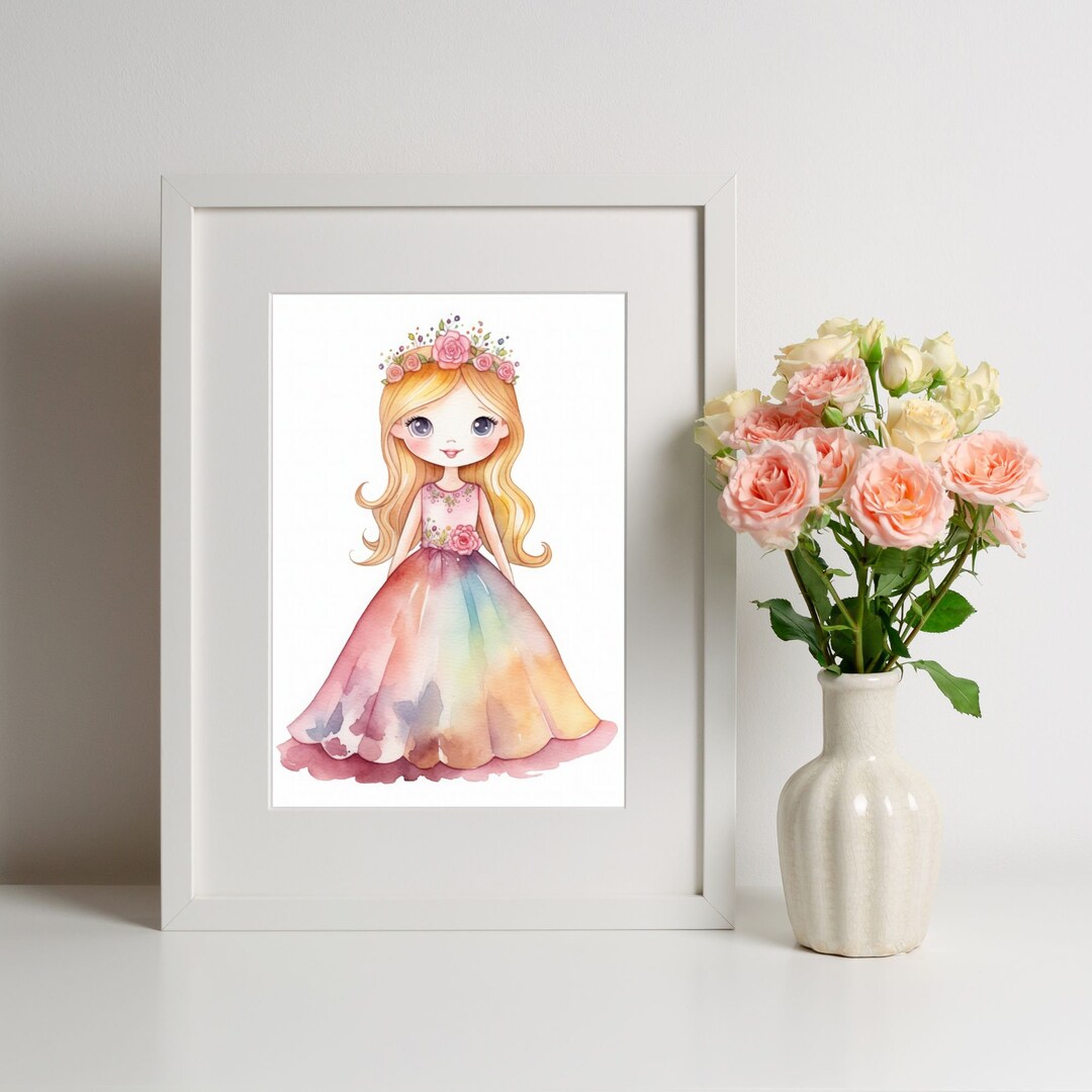 Princess in Rainbow Dress, Flower Crown, Printable Wall Art, Nursery ...
