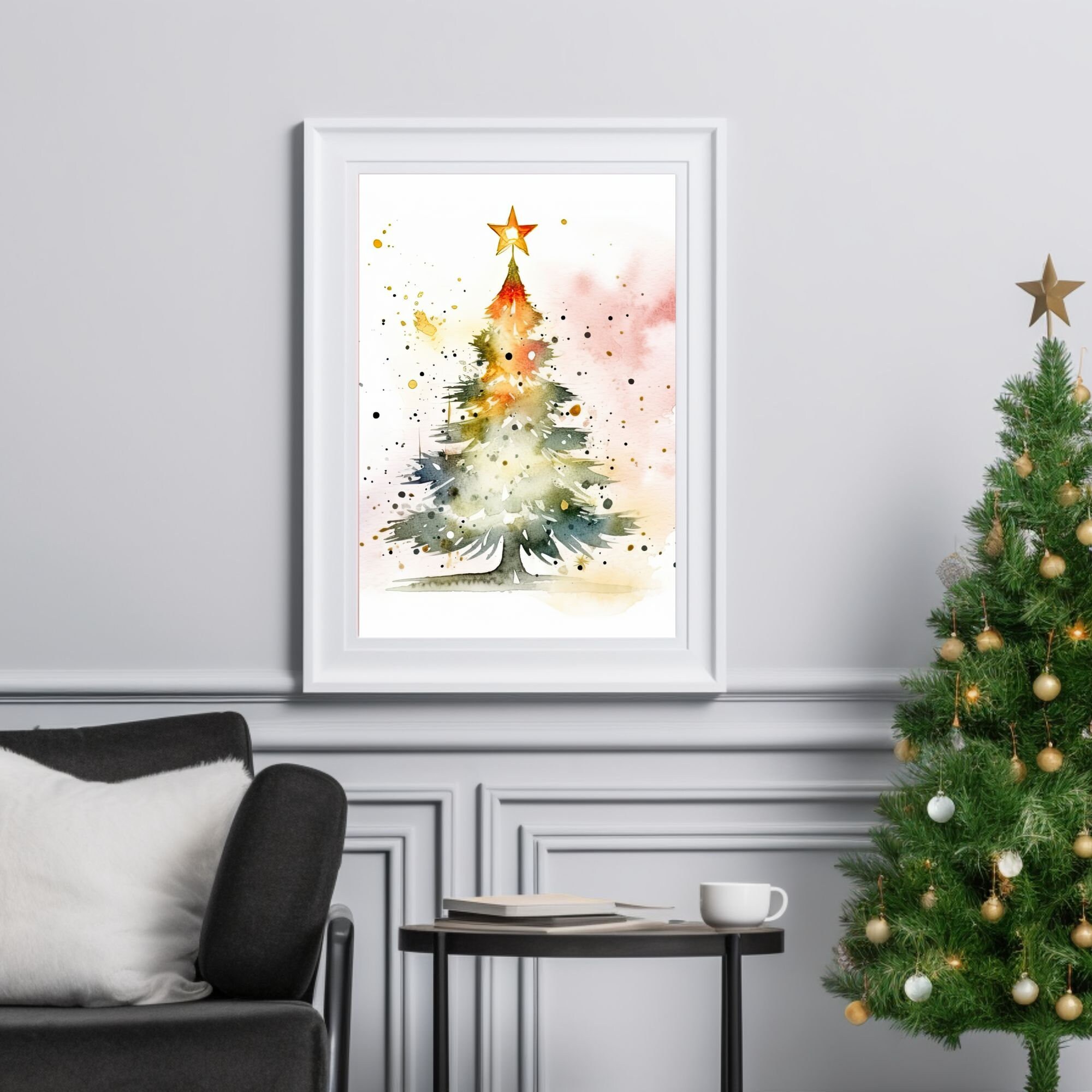 Printable Christmas Tree, Watercolor Splash, Gold Star, Holiday ...