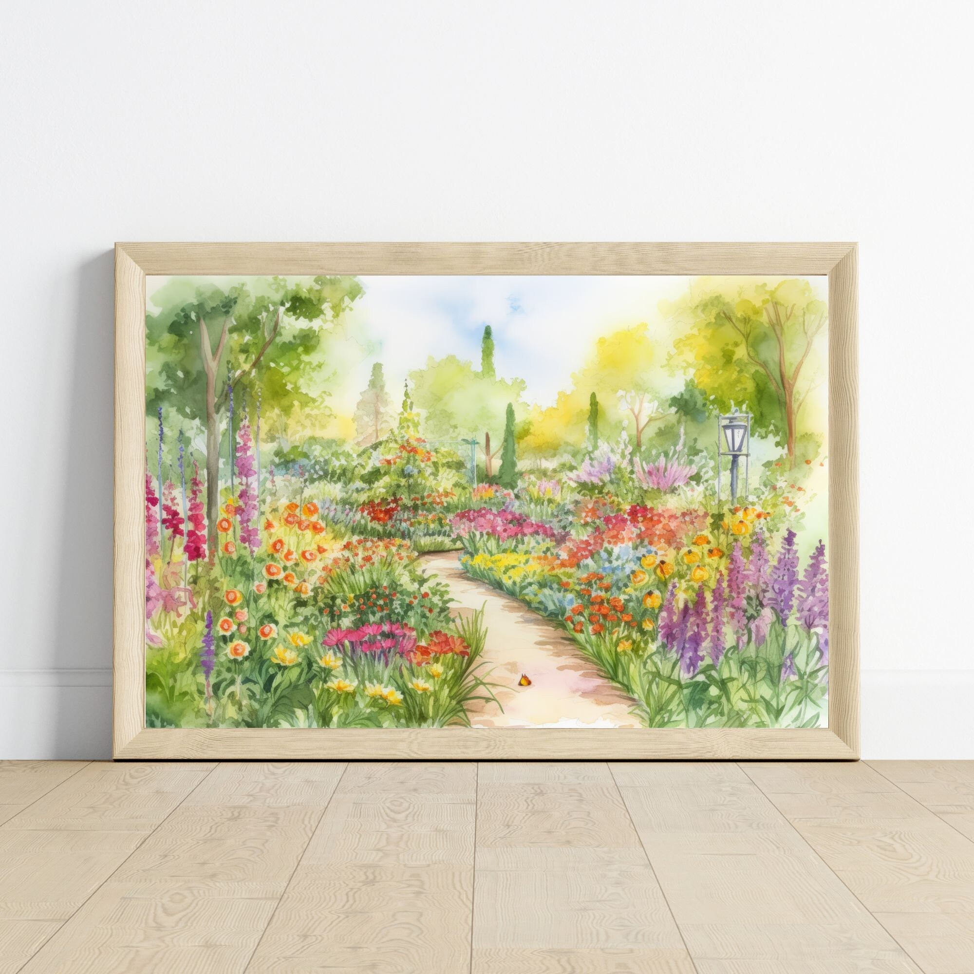Colorful Flower Garden Printable | Bright Watercolor Landscape Wall Art ...