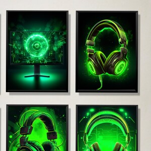 Set of 6 Neon Green Gaming Posters DIGITAL DOWNLOAD Gamer Wall Art ...