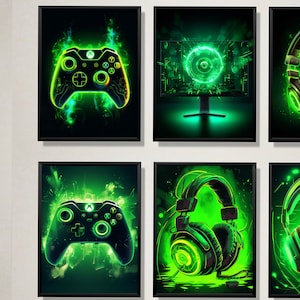 Set of 6 Neon Green Gaming Posters DIGITAL DOWNLOAD Gamer Wall Art ...