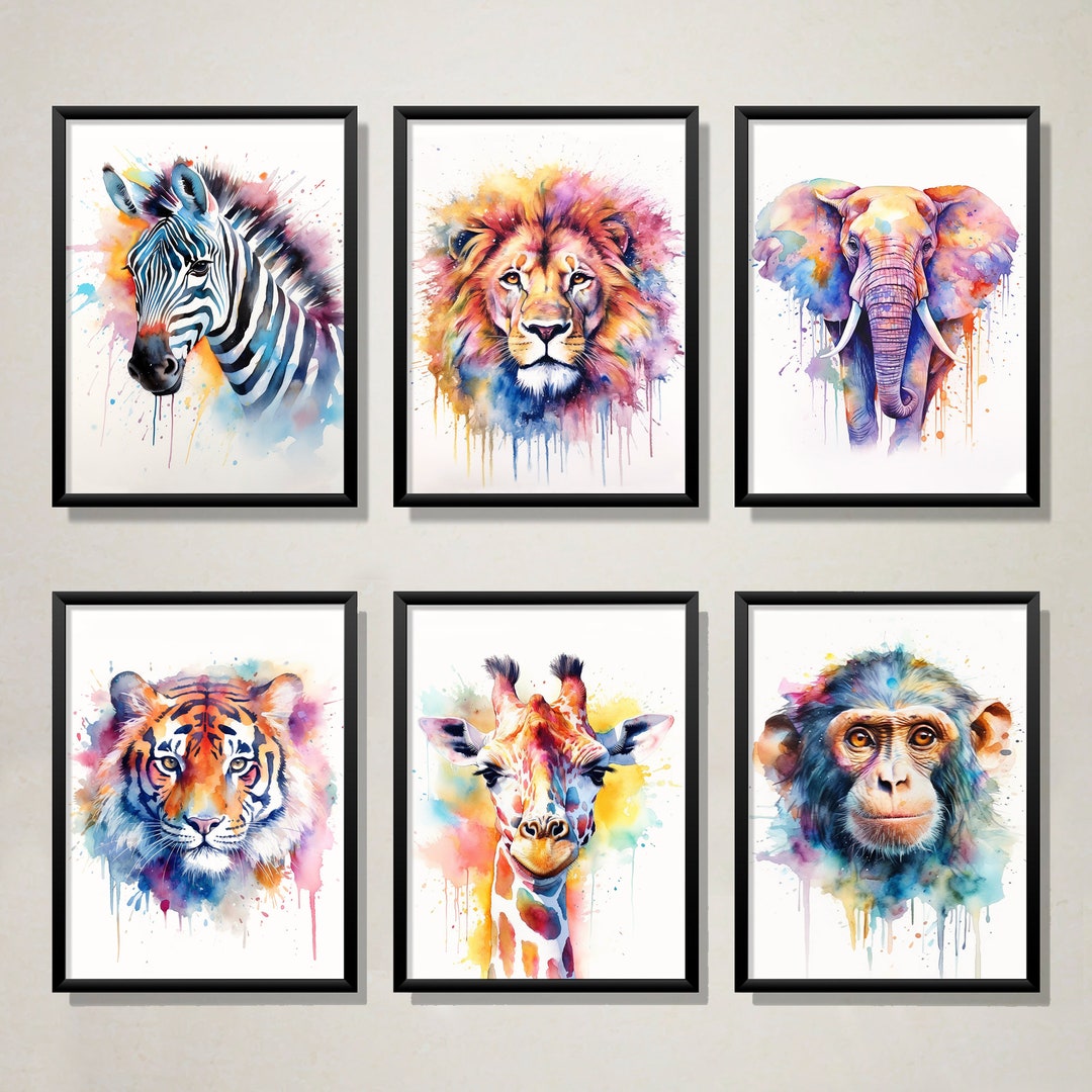 Set of 6 Safari Animals Watercolor PRINTABLE ART Giraffe Print Animal ...