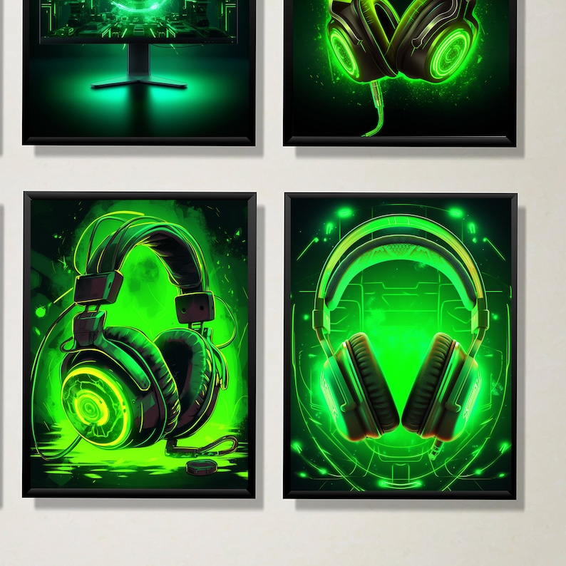 Set of 6 Neon Green Gaming Posters DIGITAL DOWNLOAD Gamer Wall Art ...