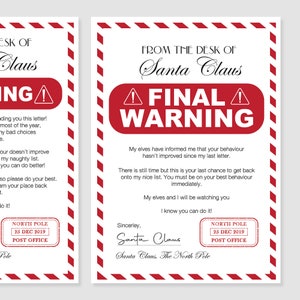 Santa Warning Letter, Final Warning Letter, Set of Santa Letters ...