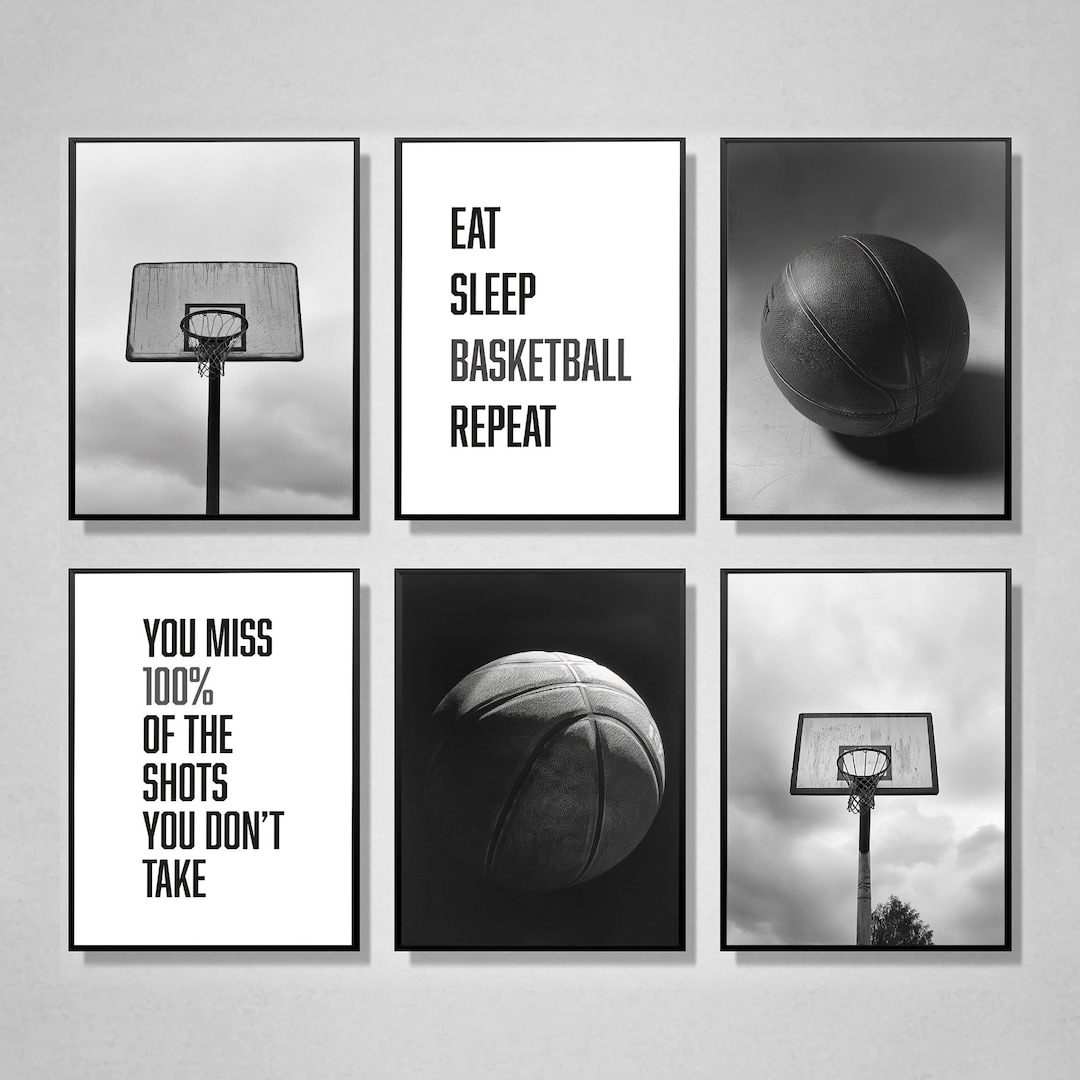 Basketball Hoop Wall Art Set of 6, Basketball Print, Boys Bedroom Decor ...